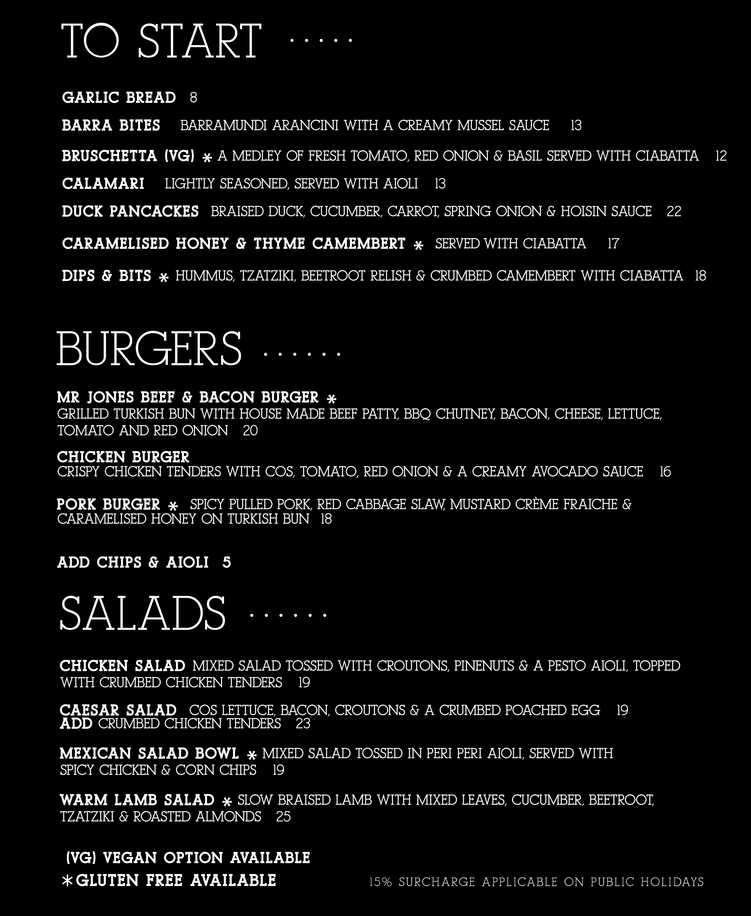 Dinner Menu - Mr Jones and Me | Restaurant Bar & Grill