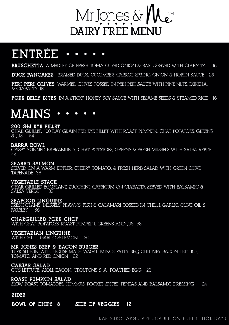 Dietary Menus - Mr Jones and Me | Restaurant Bar & Grill