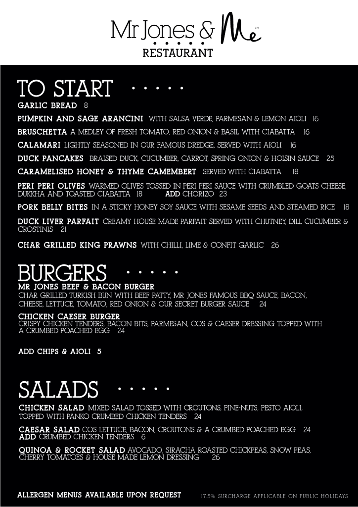 Dinner Menu - Mr Jones and Me | Restaurant Bar & Grill