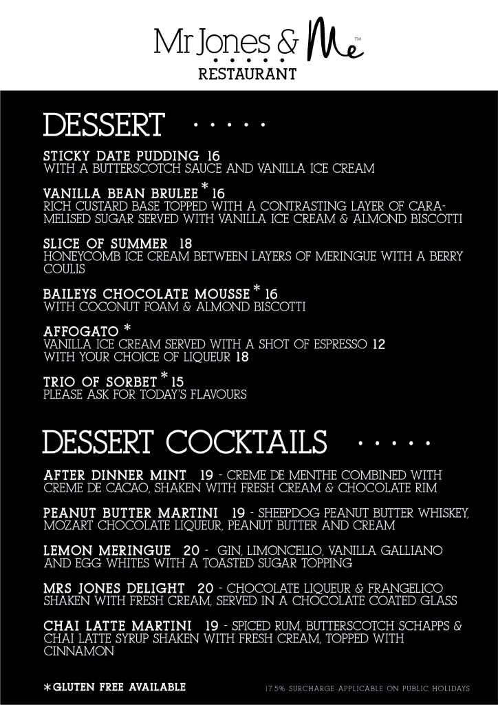 Dinner Menu - Mr Jones and Me | Restaurant Bar & Grill