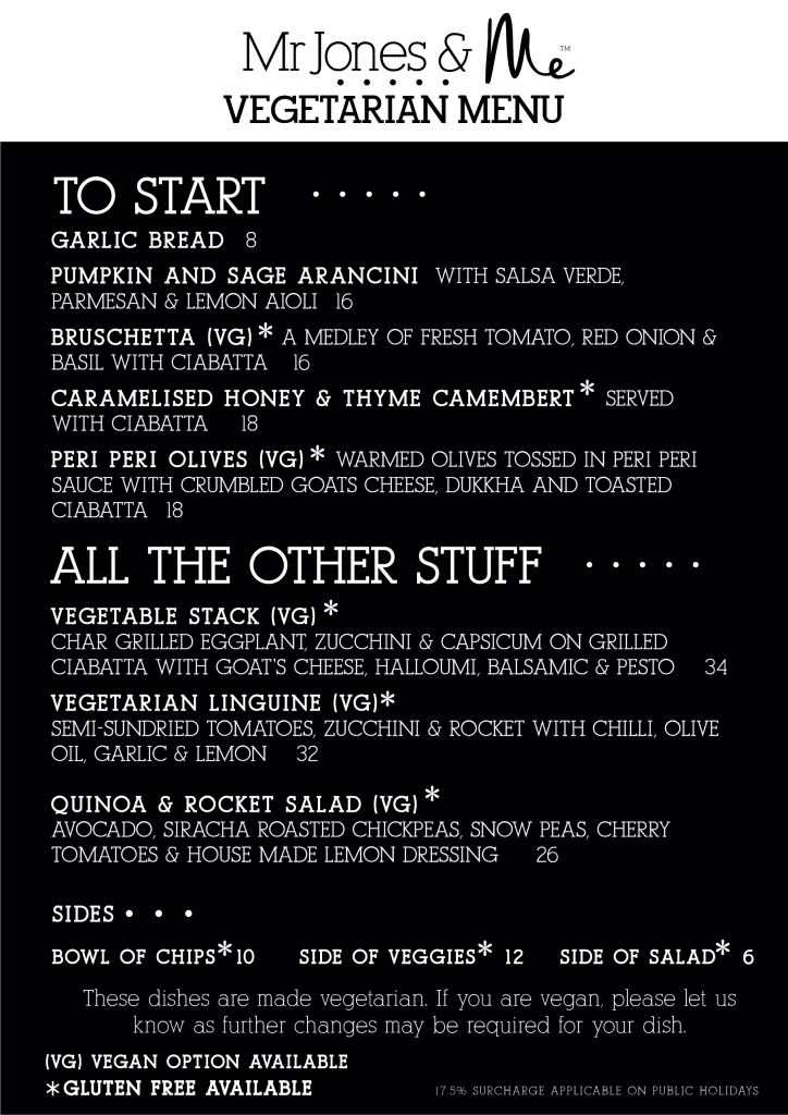 Dietary Menus - Mr Jones and Me | Restaurant Bar & Grill
