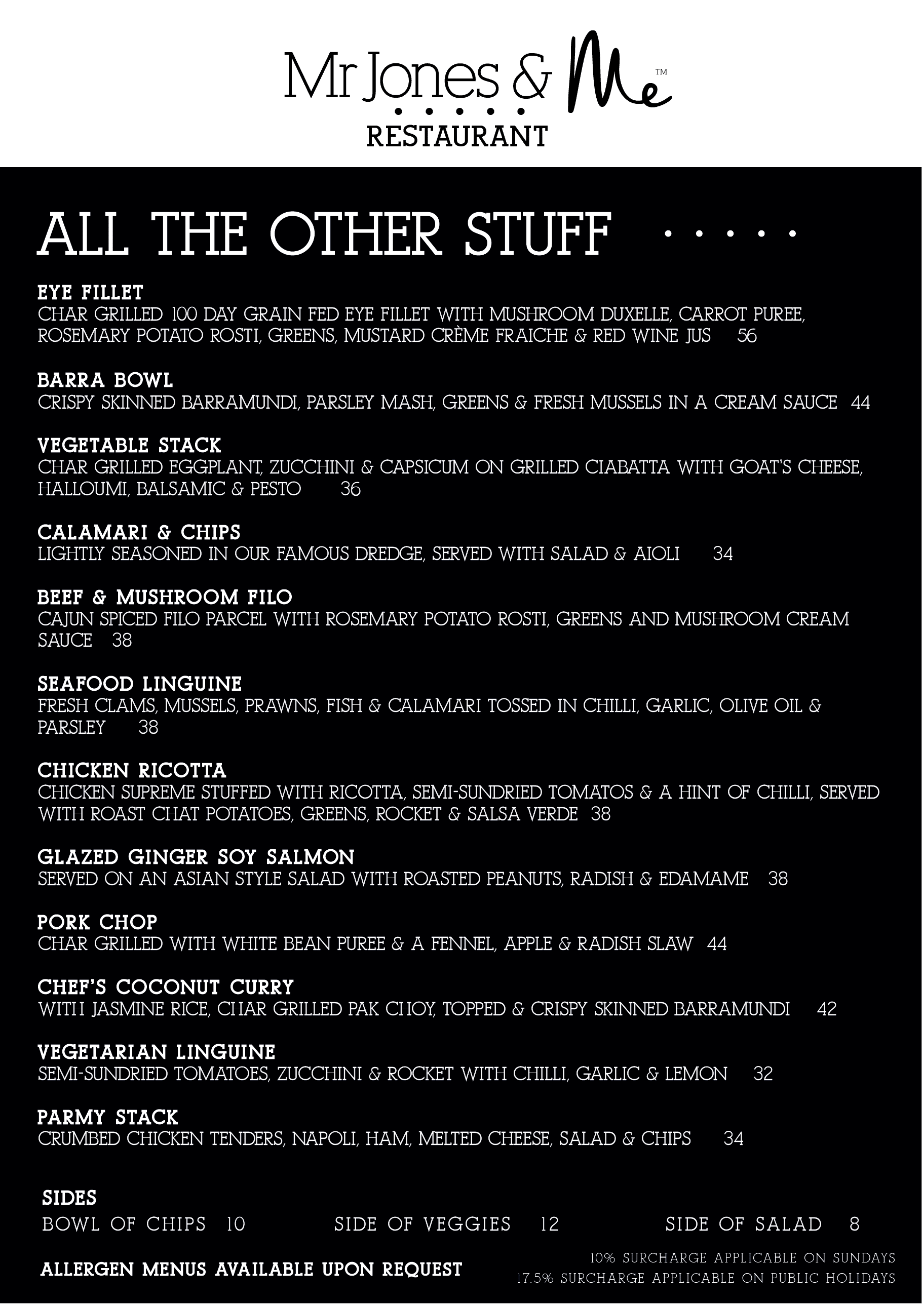 Dinner Menu - Mr Jones and Me | Restaurant Bar & Grill