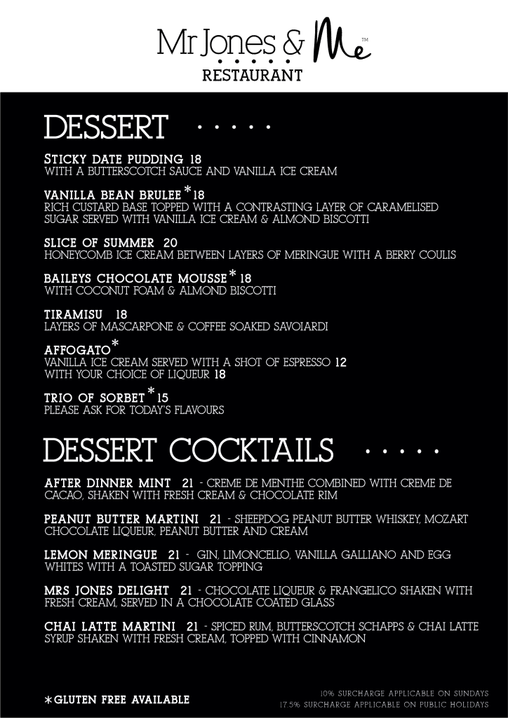 Dinner Menu - Mr Jones and Me | Restaurant Bar & Grill