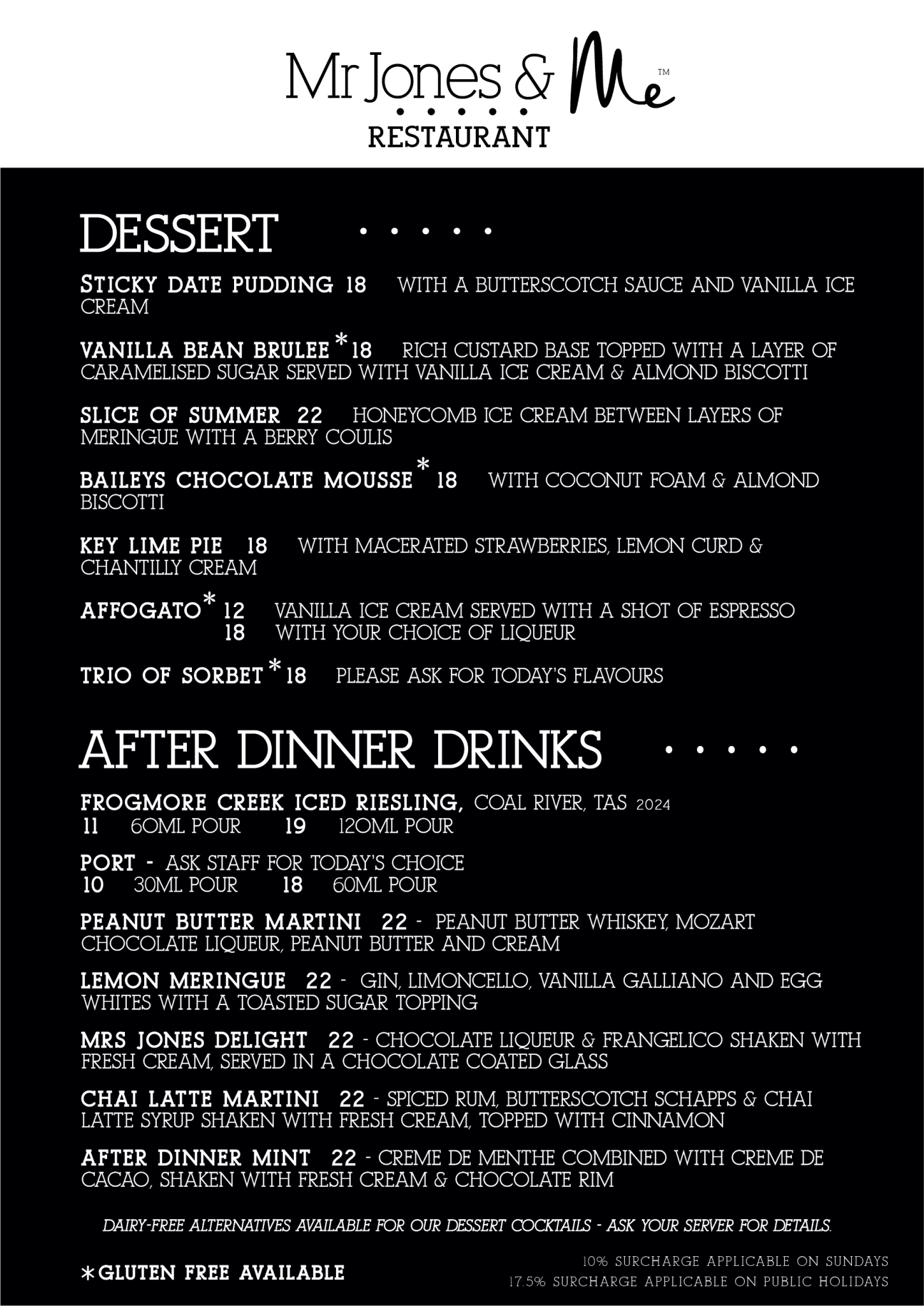 Dinner Menu - Mr Jones and Me | Restaurant Bar & Grill