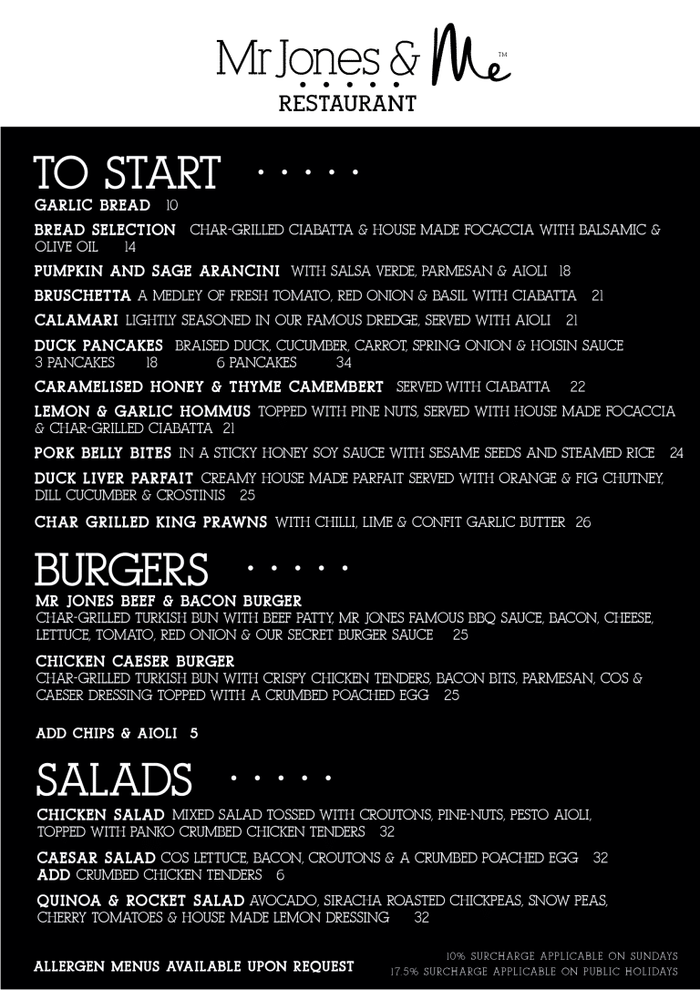 Dinner Menu - Mr Jones and Me | Restaurant Bar & Grill